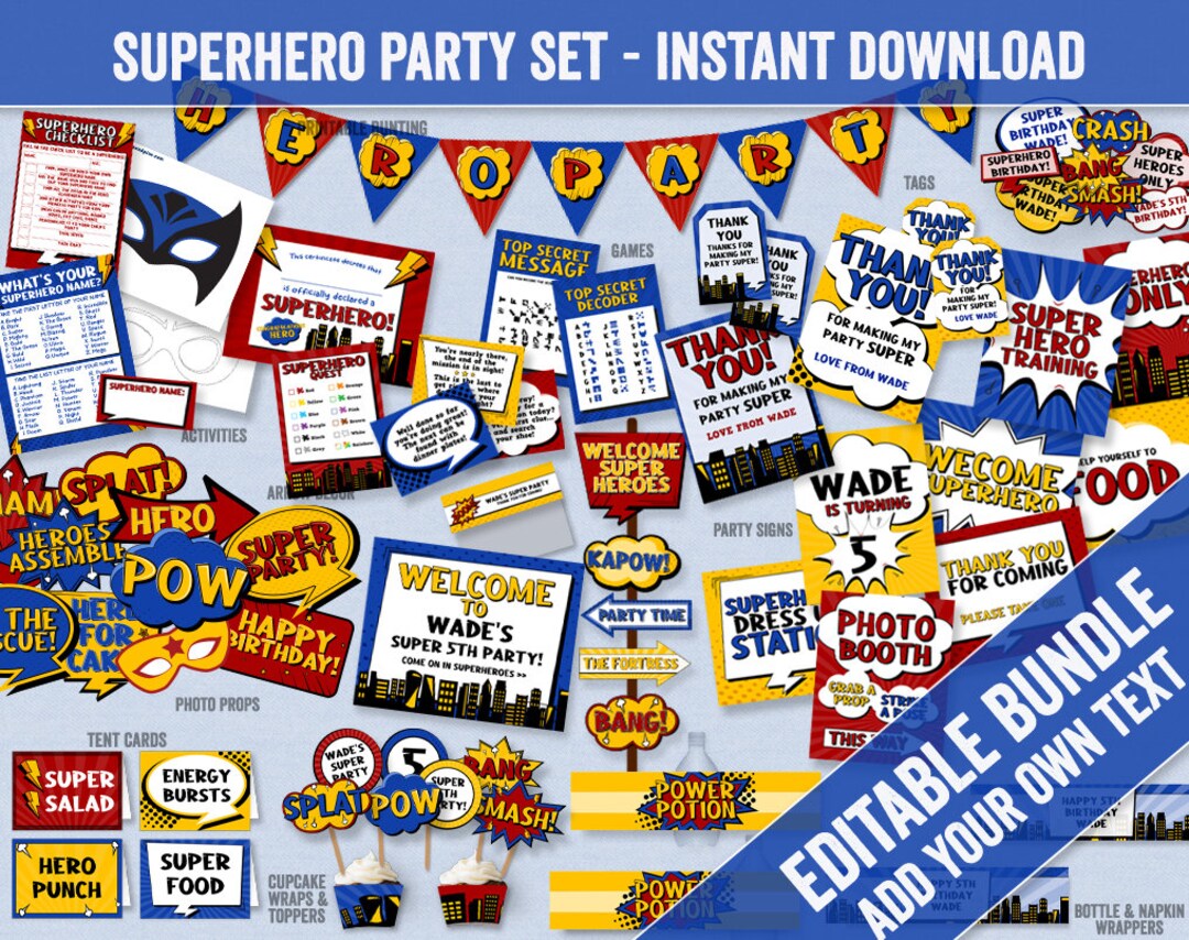 Printable Superhero Party Bundle, Editable Superhero Party Decor ...