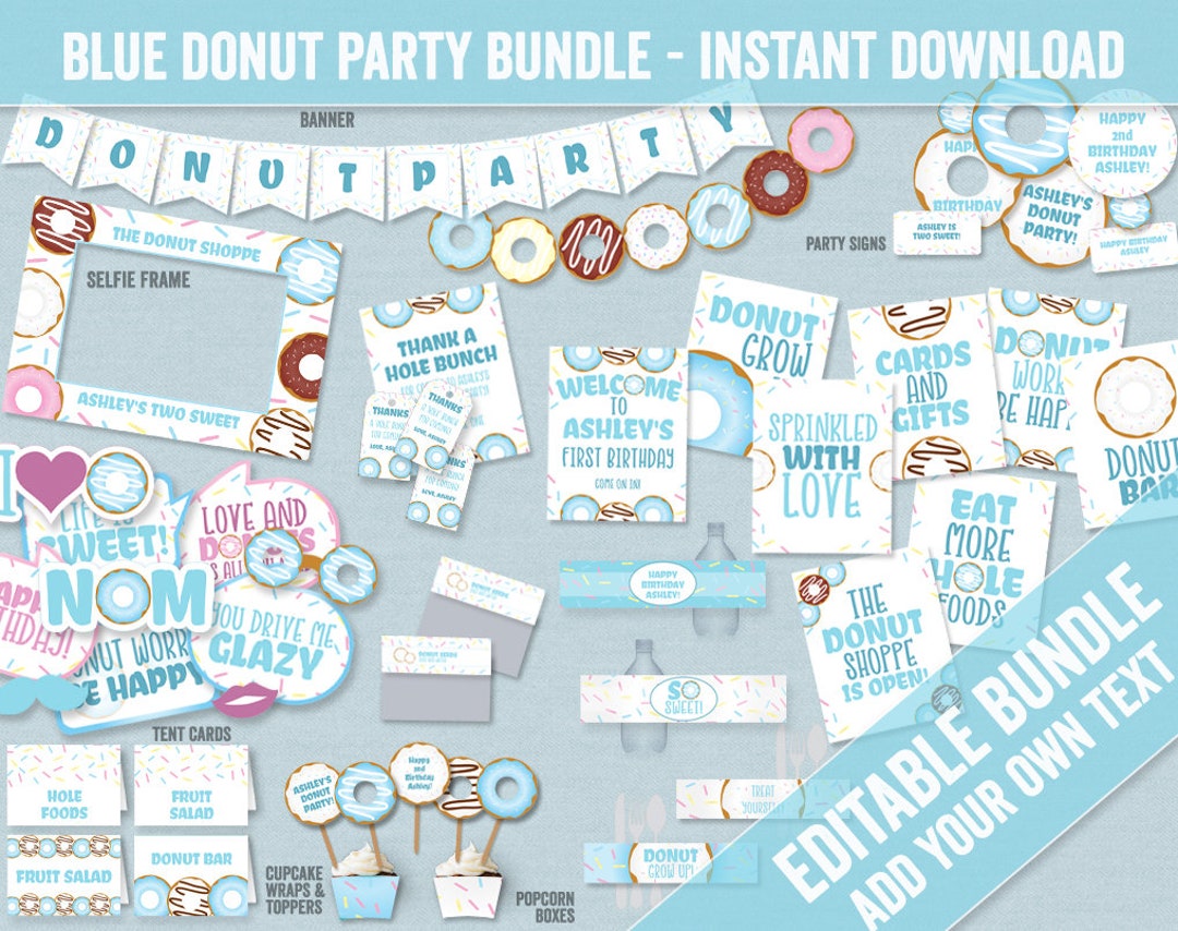 Donut Theme Printable Party Bundle, Editable Donut Birthday Set ...