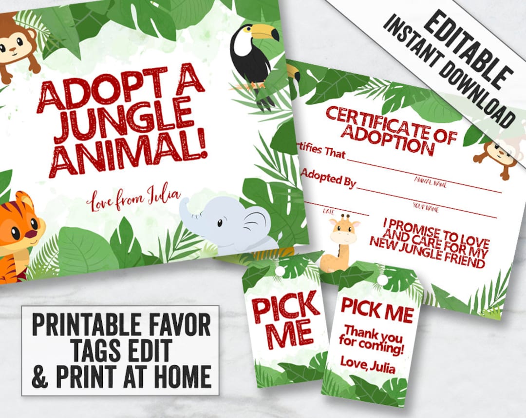 Adopt a Jungle Animal Printable Sign and Certificate, Adopt an Animal ...