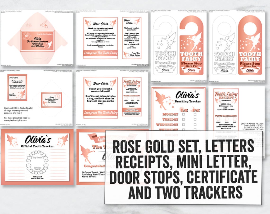 Tooth Fairy Printable Bundle, Rose Gold Girl's Tooth Fairy Letters ...