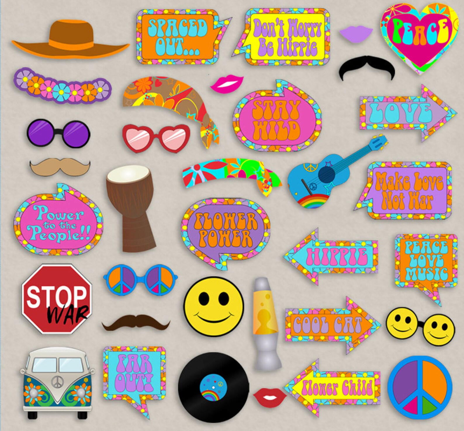 35 Hippie Themed Party Photo Booth Props Hippy Party props | Etsy
