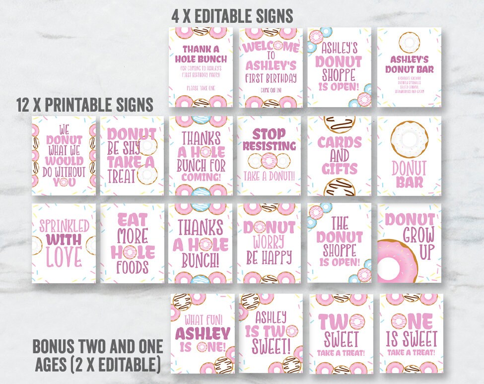 Editable Donut Party Bundle Printable Pink Donut Birthday - Etsy UK