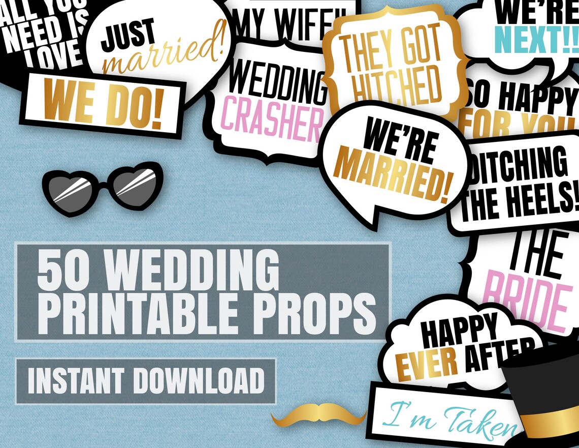 50 Wedding Photo Booth Printable Props Printable Photobooth | Etsy UK