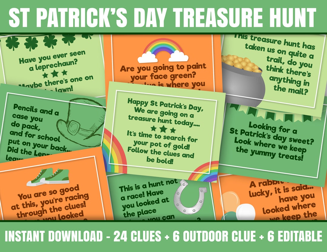 Printable St Patrick's Day Treasure Hunt, Printable Scavenger Treasure ...