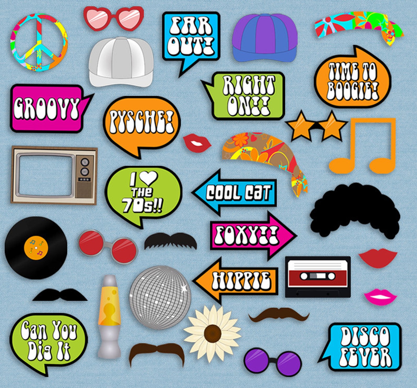 35 Seventies Printable Party Photo Booth Props, 70s Photo Props, I Love ...