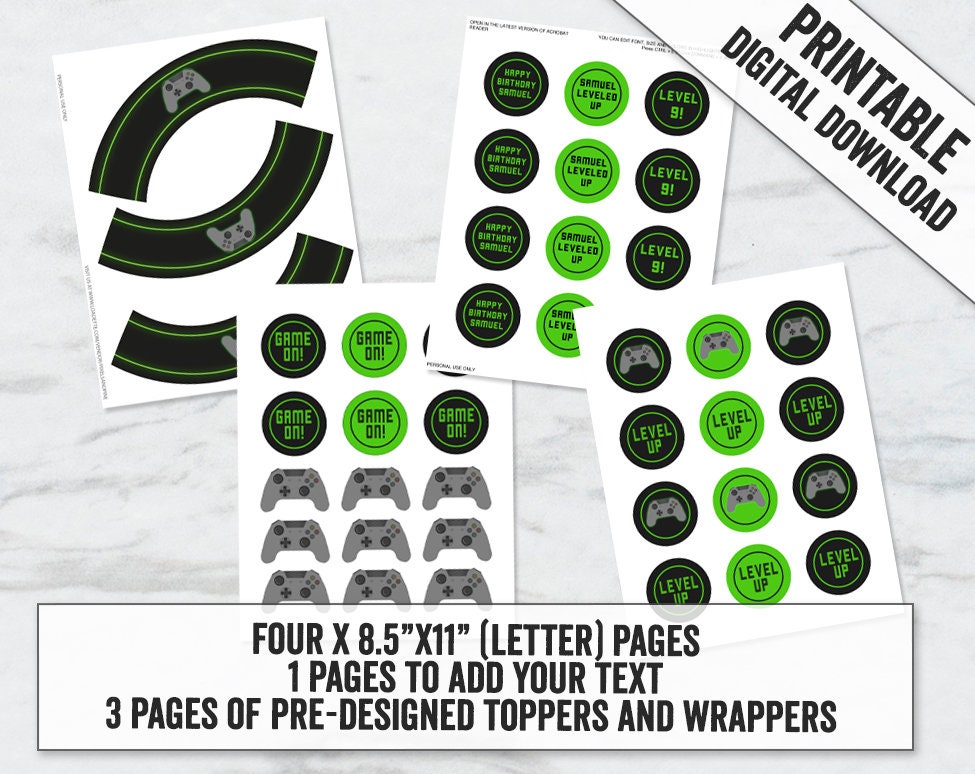 Printable Gaming Party Cupcake Toppers and Wrapper Editable | Etsy