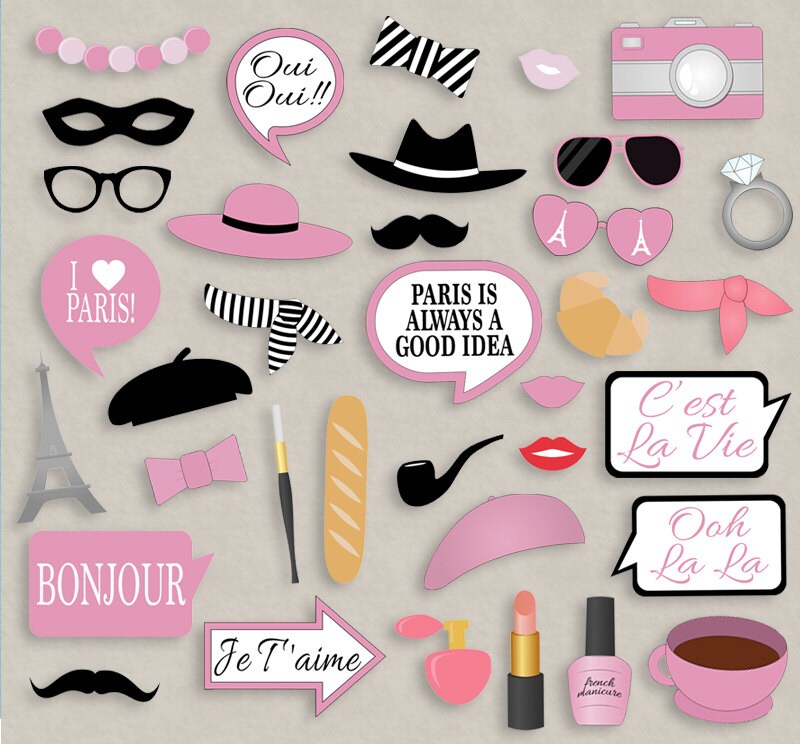 35 Paris Party Photo Props, Parisian Photobooth Party Ideas, Pink Paris ...