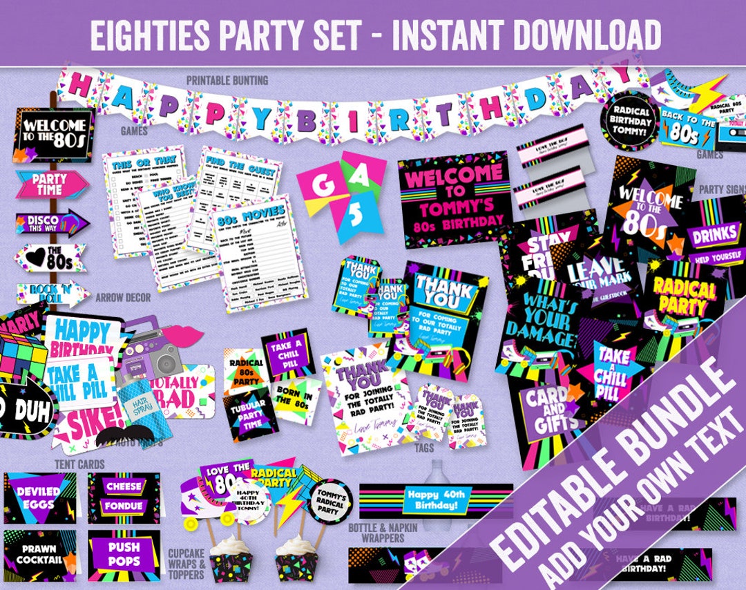 Printable Eighties Party Bundle, Editable 80s Themed Pack Set ...