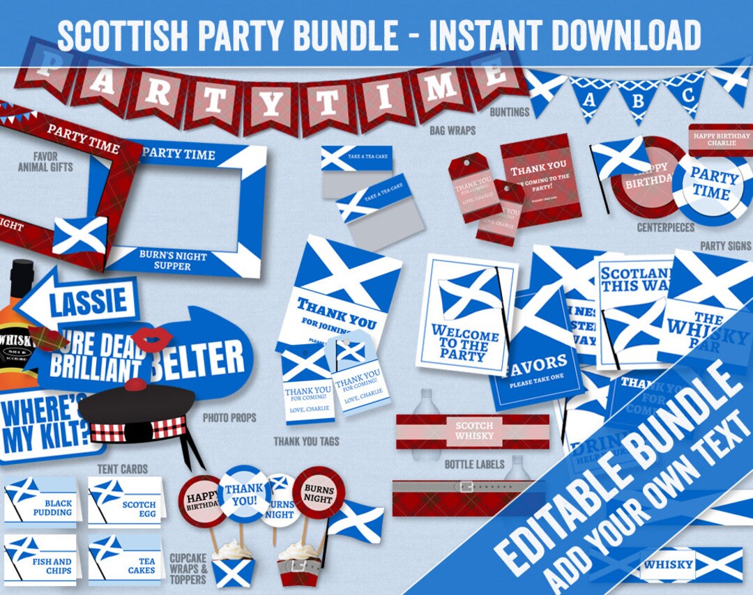Printable Scottish Party Bundle, Editable Scotland Party Decorations ...