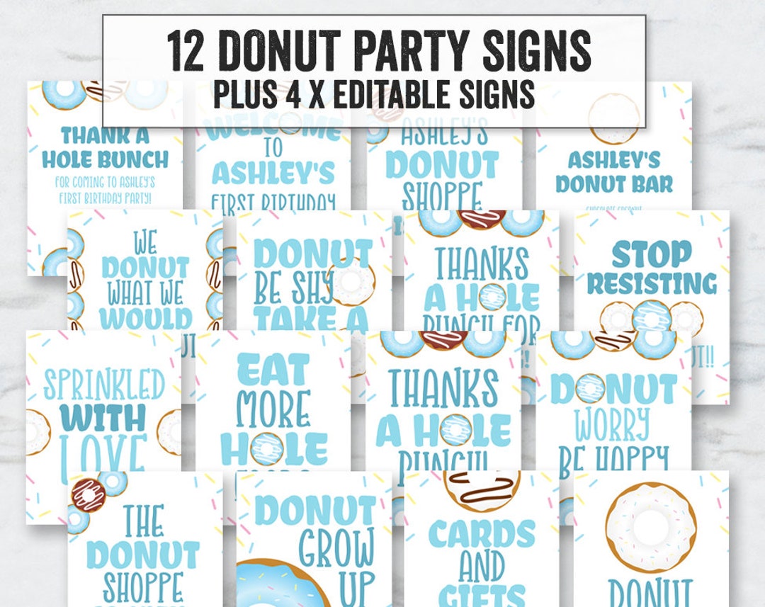 Blue Printable Donut Party Signs, Printable Donut Party Signs, Editable ...