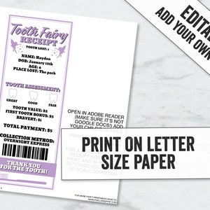 Printable Tooth Fairy Receipt, Editable Purple Tooth Fairy Receipt ...
