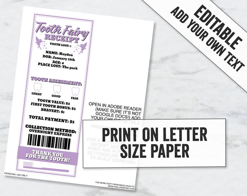 Printable Tooth Fairy Receipt Editable Purple Tooth Fairy - Etsy