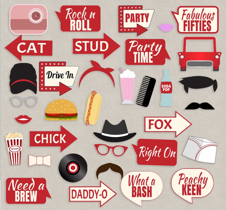 35 Retro 50s Theme Party Props, Red and Cream Diner Party Photo Booth ...