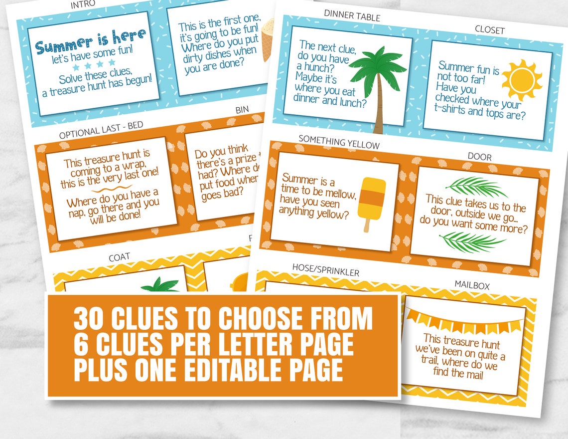 Printable Summer Treasure Hunt Clues, Instant Download Summer Treasure ...