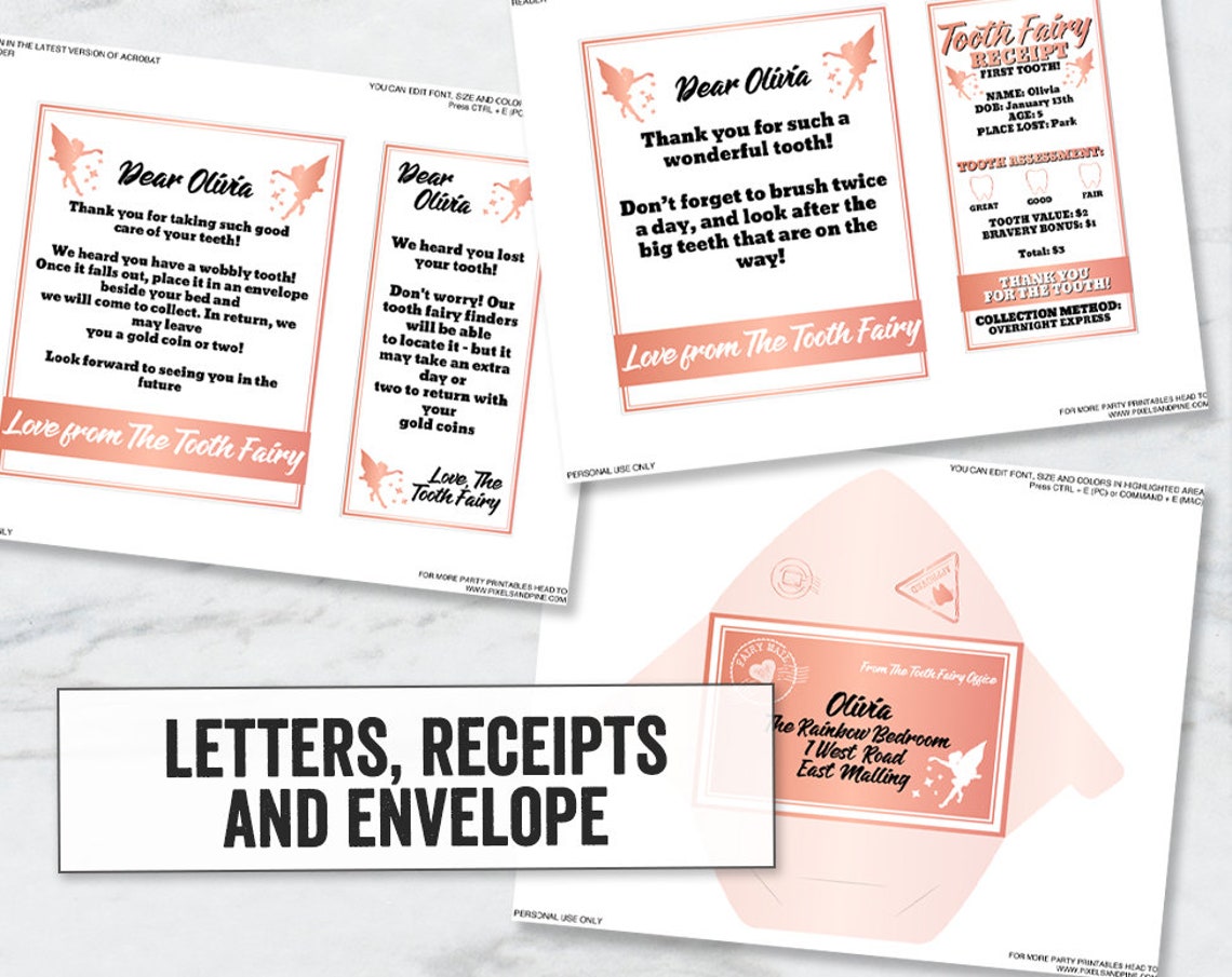 Tooth Fairy Printable Bundle, Rose Gold Girl's Tooth Fairy Letters ...