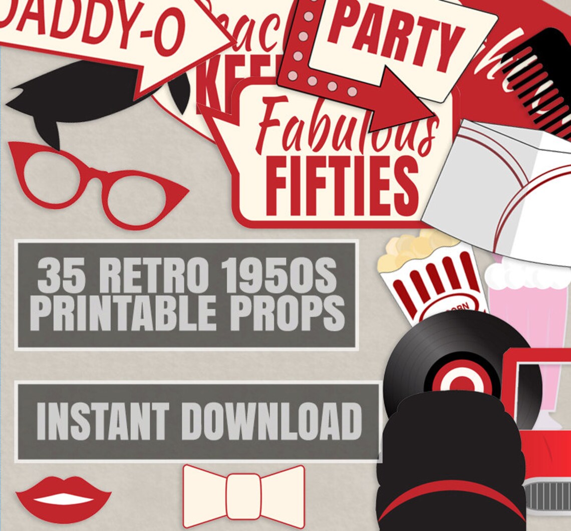 35 Retro 50s Theme Party Props, Red and Cream Diner Party Photo Booth ...