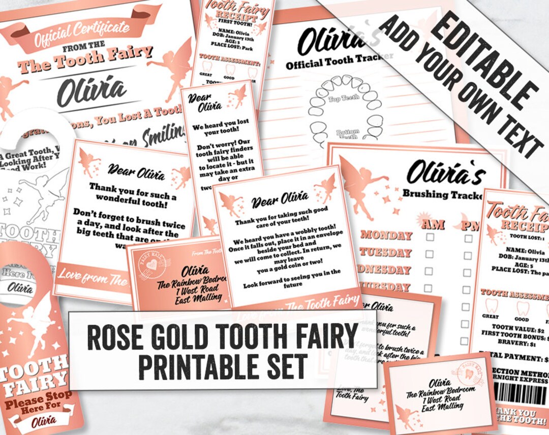 Tooth Fairy Printable Bundle, Rose Gold Girl's Tooth Fairy Letters ...