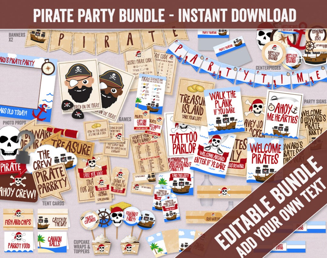 Printable Pirate Party Bundle, Editable Pirate Birthday Pack Set ...