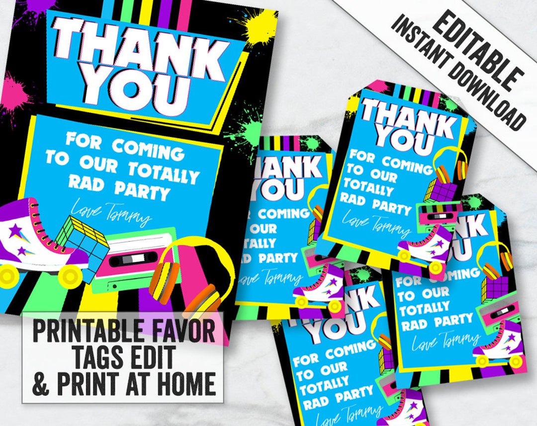 Printable Eighties Party Tags, Editable 80s Themed Thank You Tags ...