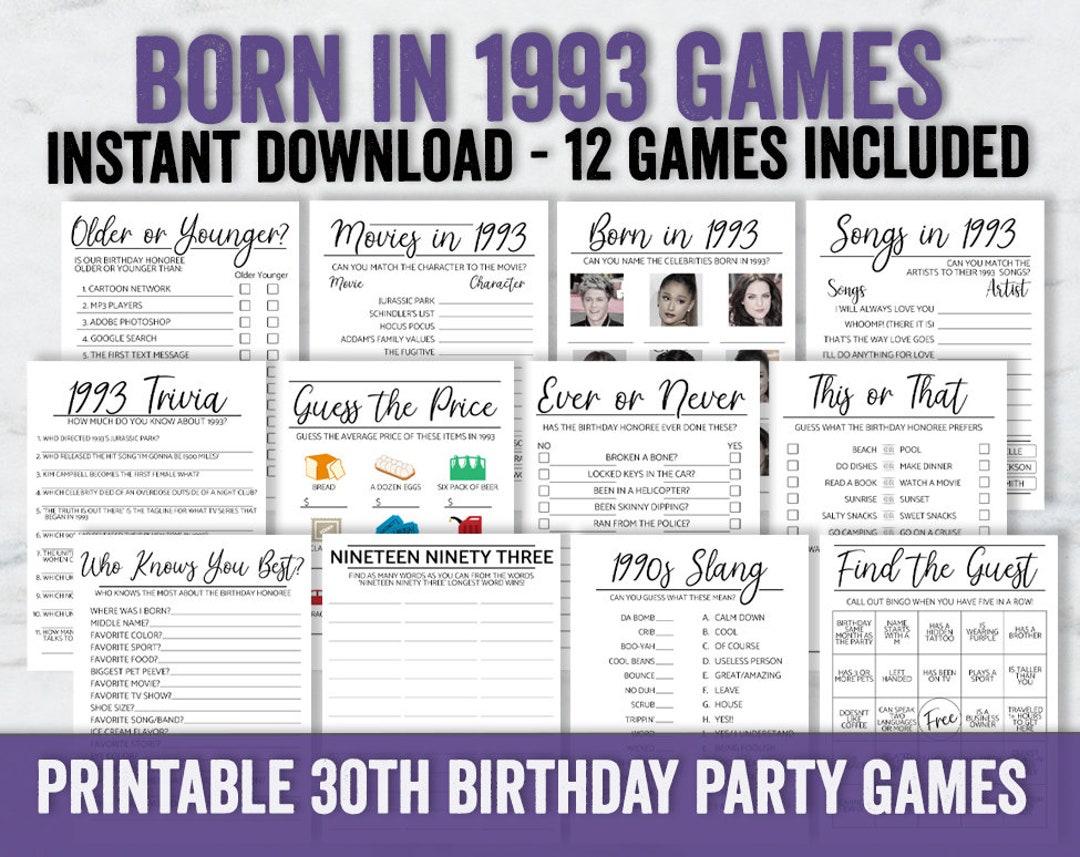 Printable Born in 1993 Games, 30th Birthday Party Games, Printable 30th ...