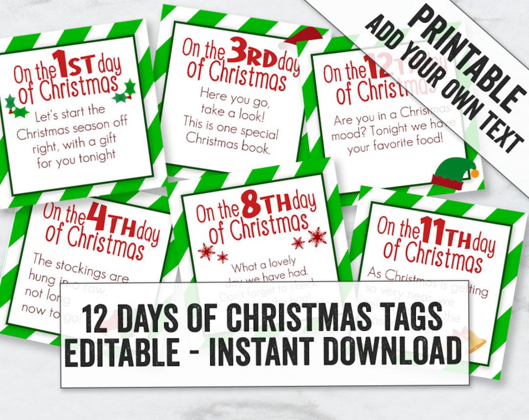 Editable Twelve Days of Christmas Printable Tags, Fun Green Stripe ...