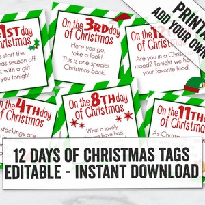 Editable Twelve Days of Christmas Printable Tags, Fun Green Stripe ...