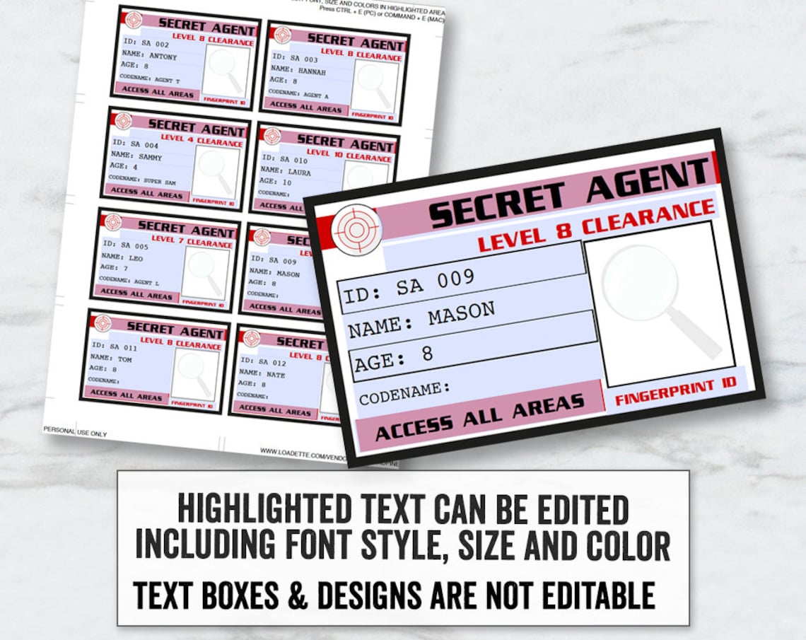 Printable Secret Agent ID Passes Editable Spy Party - Etsy UK
