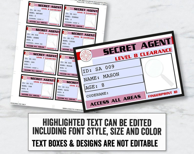 Printable Secret Agent ID Passes, Editable Spy Party Identification ...