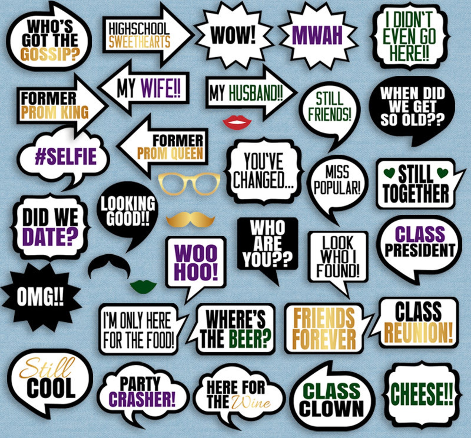 Class Reunion Photo Props, Reunion Photo Booth Gold Party Printable ...