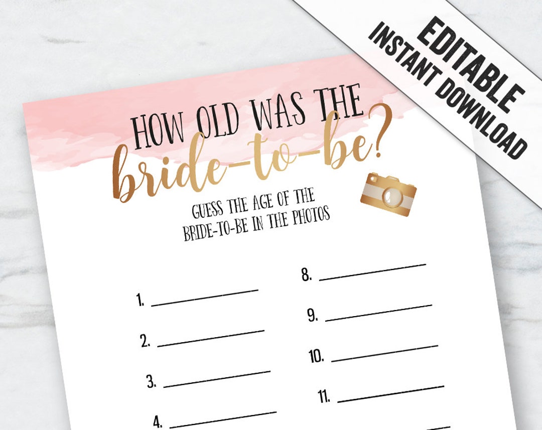 Editable How Old Was the Bride Game, Editable Bridal Shower Games ...