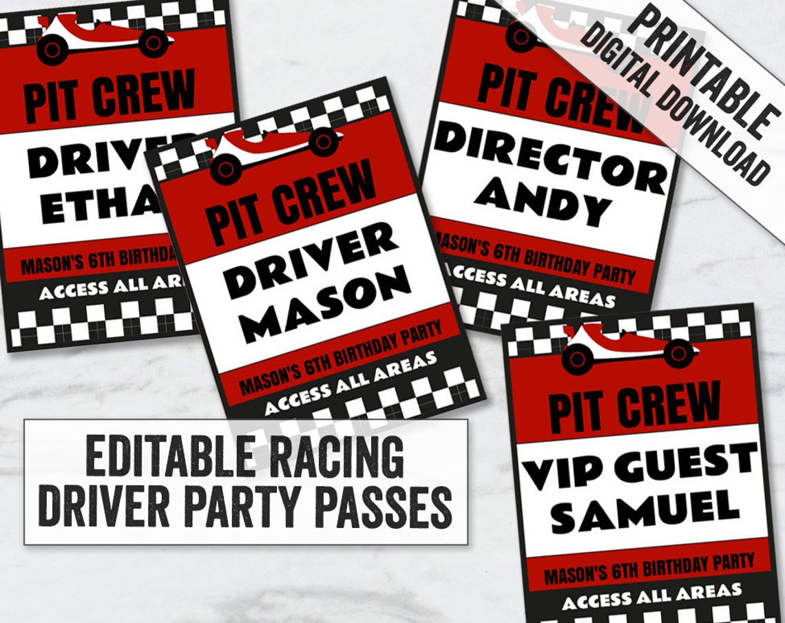 Editable Racing Driver Vip Passes, Printable Race Car Party Idea, Pit ...