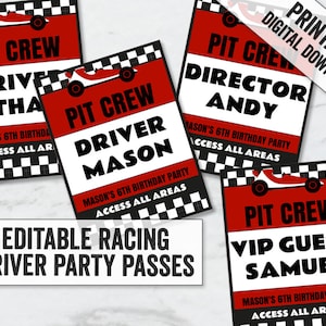 Editable Racing Driver Vip Passes, Printable Race Car Party Idea, Pit ...
