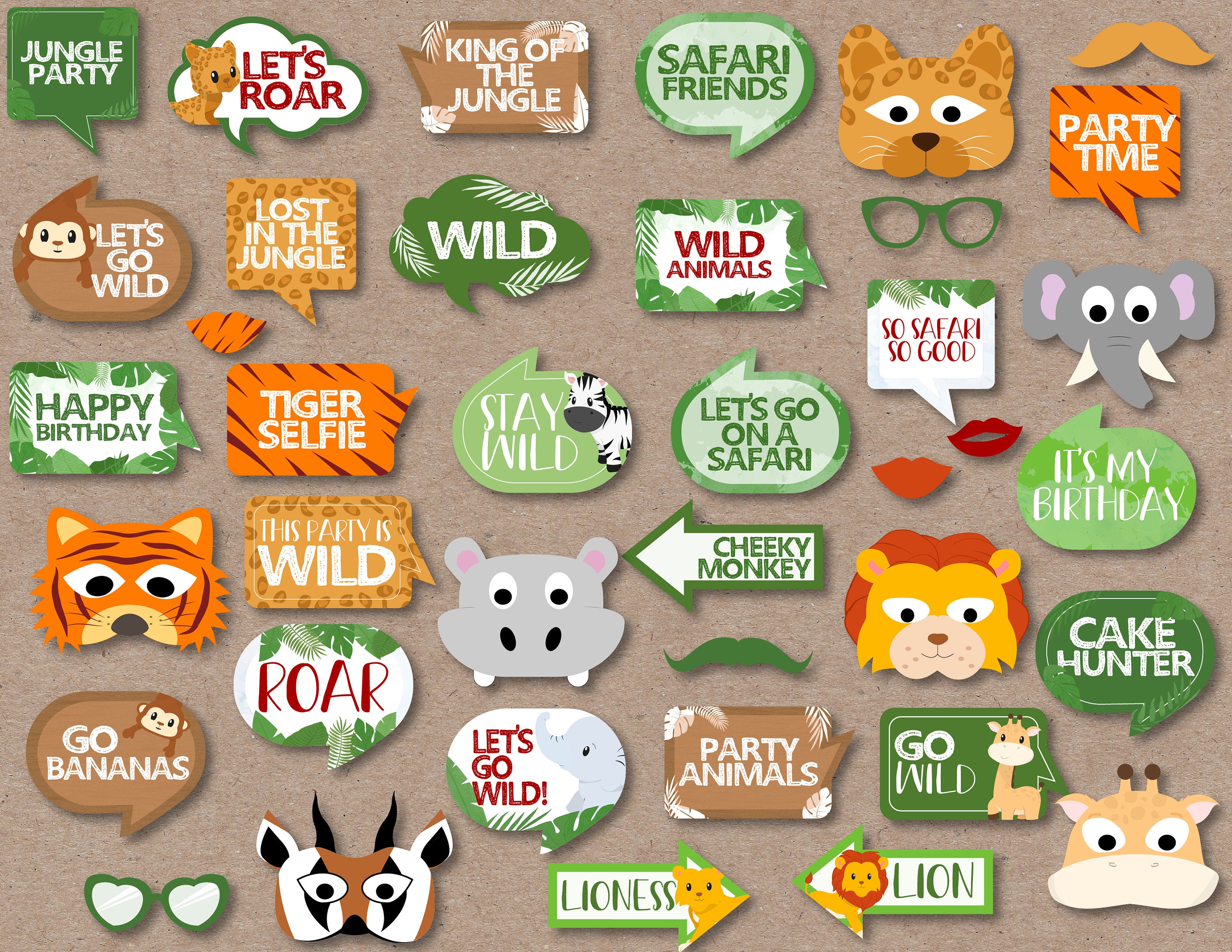38 Jungle Party Photo Booth Props, Printable Jungle Themed Party Props ...