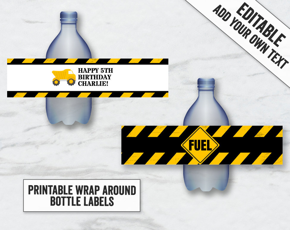 Construction Party Bottle Labels, Editable Water Bottle Wrap Labels ...