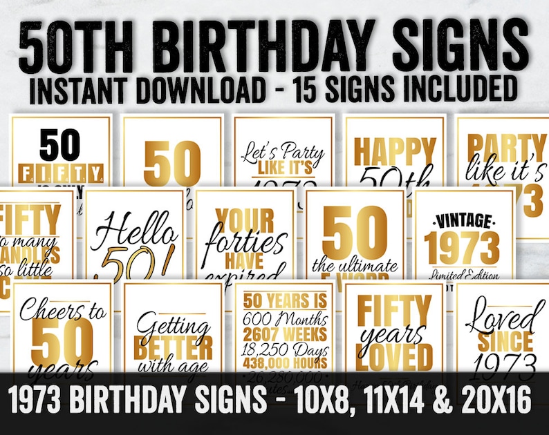 Printable 50th Birthday Signs Gold Party Signs 1973 Gold - Etsy