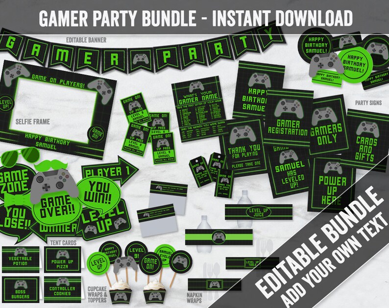 Editable Gamer Party Bundle, Printable Gaming Party Pack, Printable ...