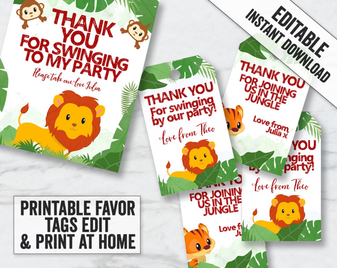 Jungle Party Printable Tags, Thank You Favor Tags for Jungle Safari ...