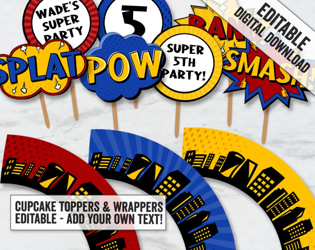 Superhero Cupcake Topper Printables, Superhero Cupcakes Diy Party Decor, Editable Superhero ...