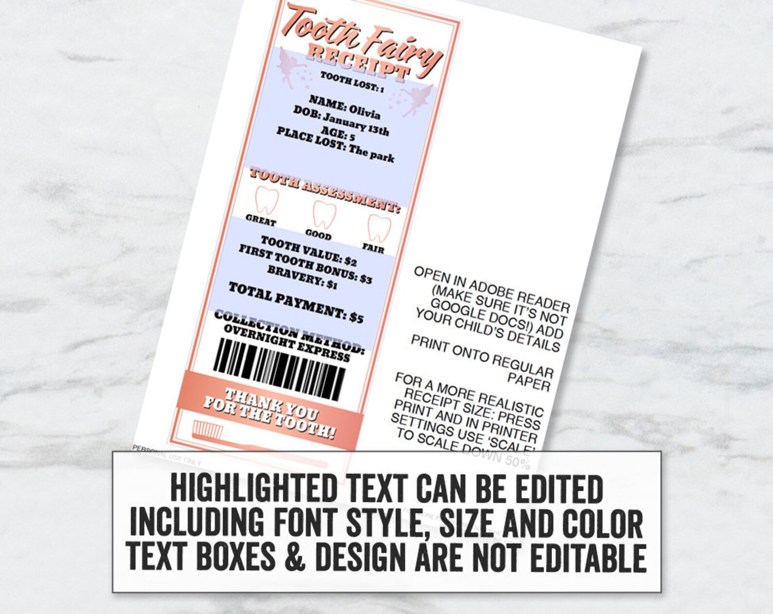 Printable Rose Gold Tooth Fairy Receipt Editable Tooth Fairy - Etsy