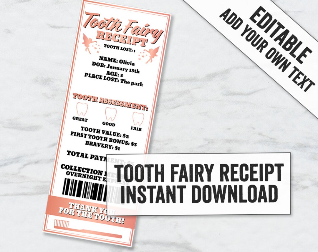 Printable Rose Gold Tooth Fairy Receipt, Editable Tooth Fairy Receipt ...