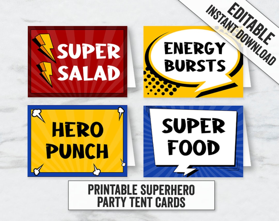 Superhero Party Tent Card Printables, Editable Super Hero Place Cards ...