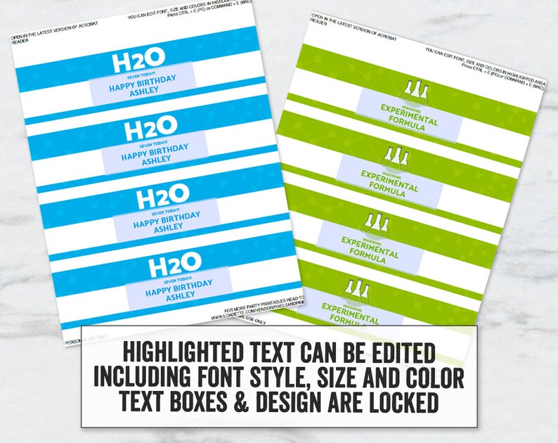 Science Water Bottle Labels, Editable H20 Water Bottle Wrap Labels, Mad ...