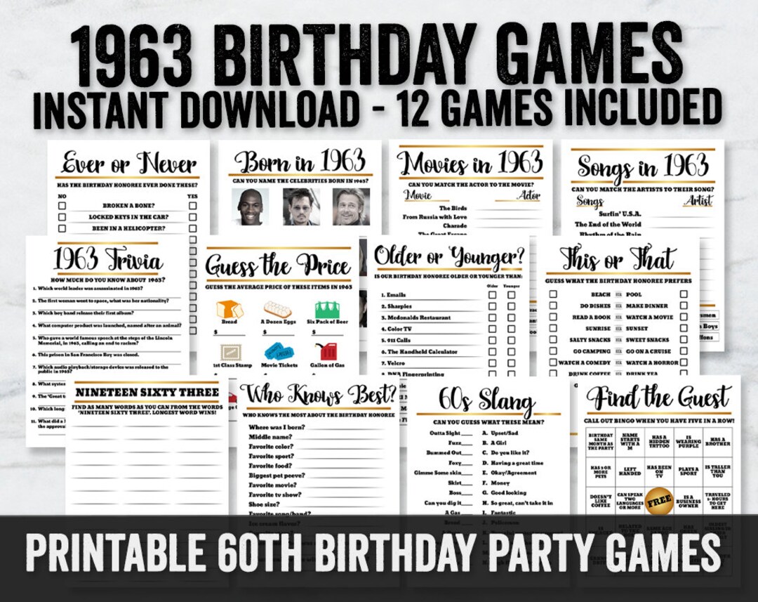 Born in 1963 Printable Games, 60th Birthday Party Games, Sixtieth Party ...