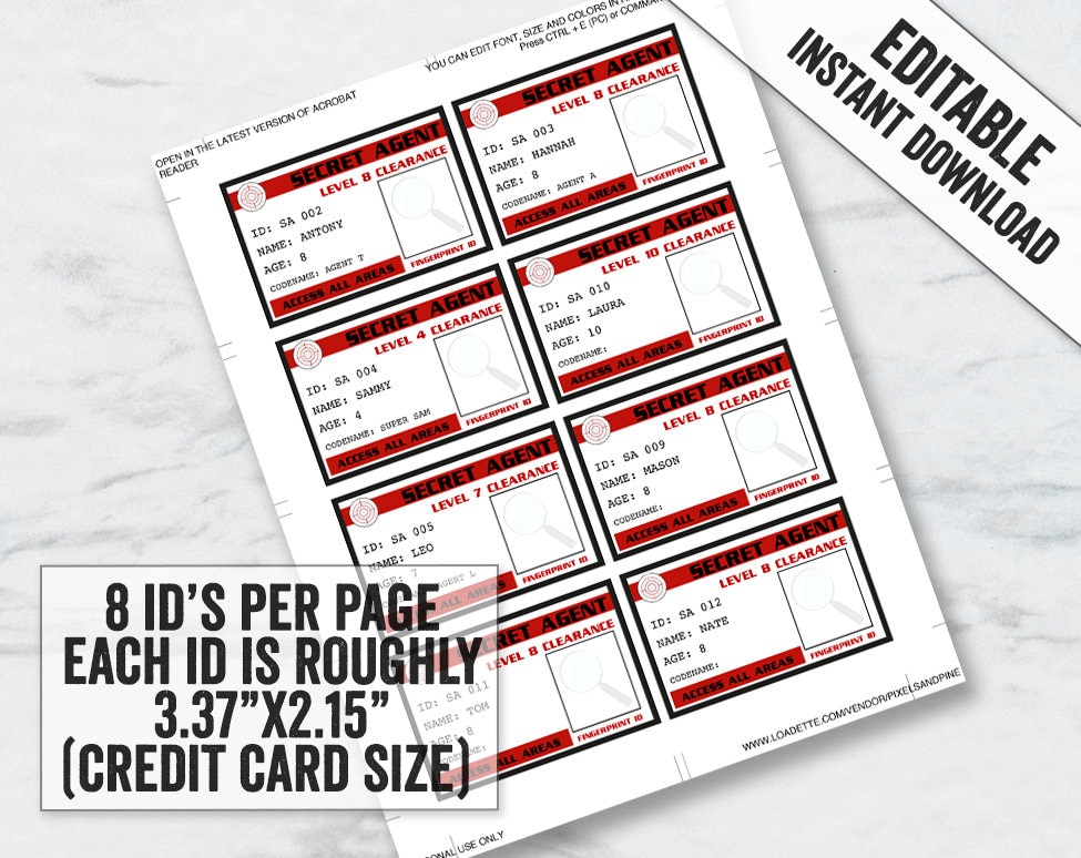 Printable Secret Agent ID Passes Editable Spy Party - Etsy Australia