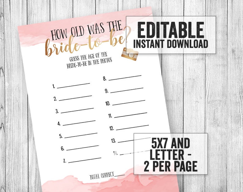 Editable How Old Was the Bride Game, Editable Bridal Shower Games ...