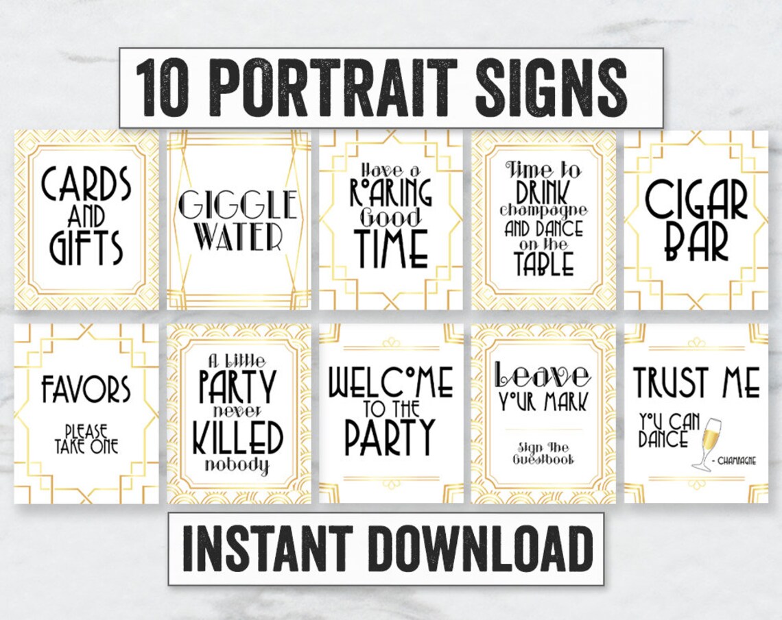 Printable Art Deco Party Signs Digital White and Gold - Etsy UK