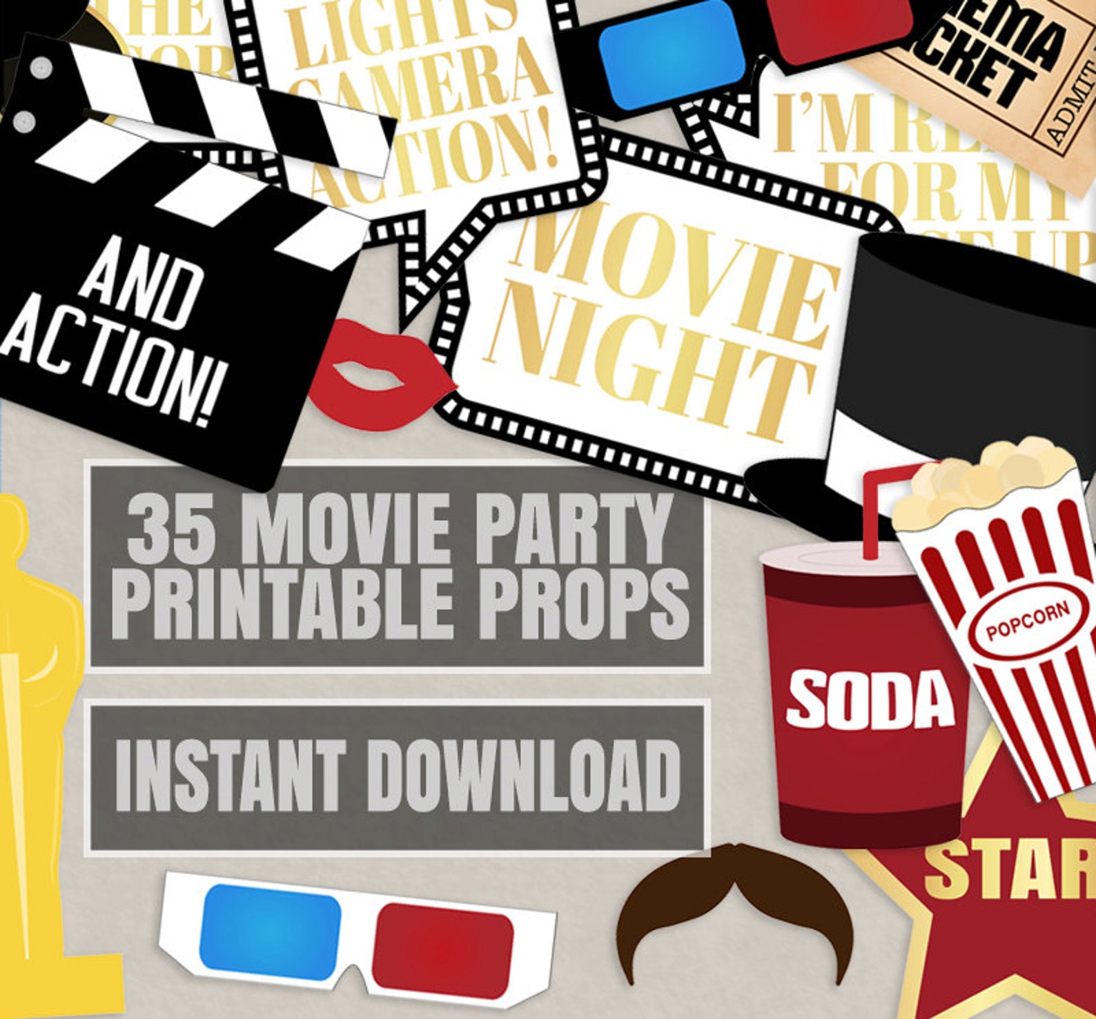 35 Movie Night Party Props, Hollywood Photo Booth Party Prop Ideas, Old ...