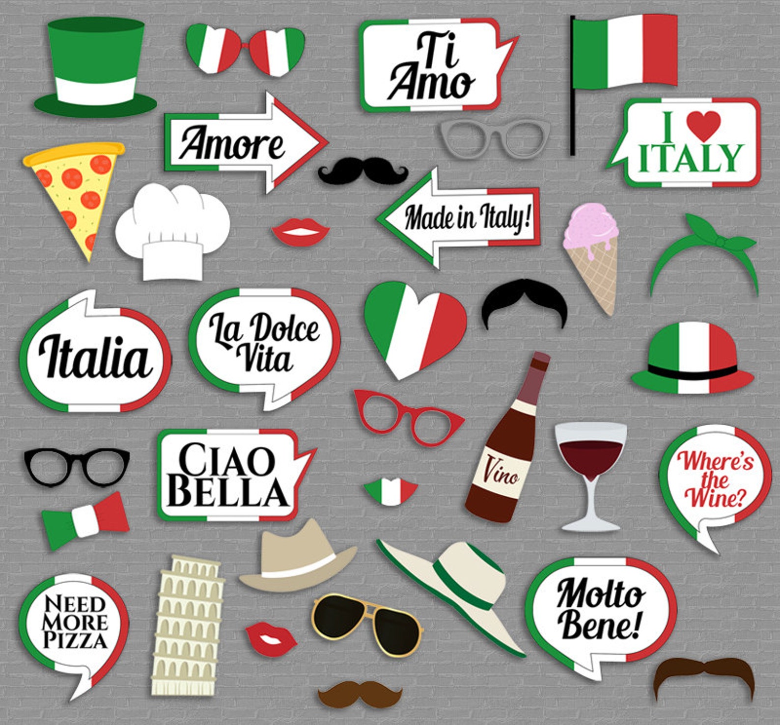 35 Italian Photo Booth Props, Italy Themed Party Props, Love Rome Party ...