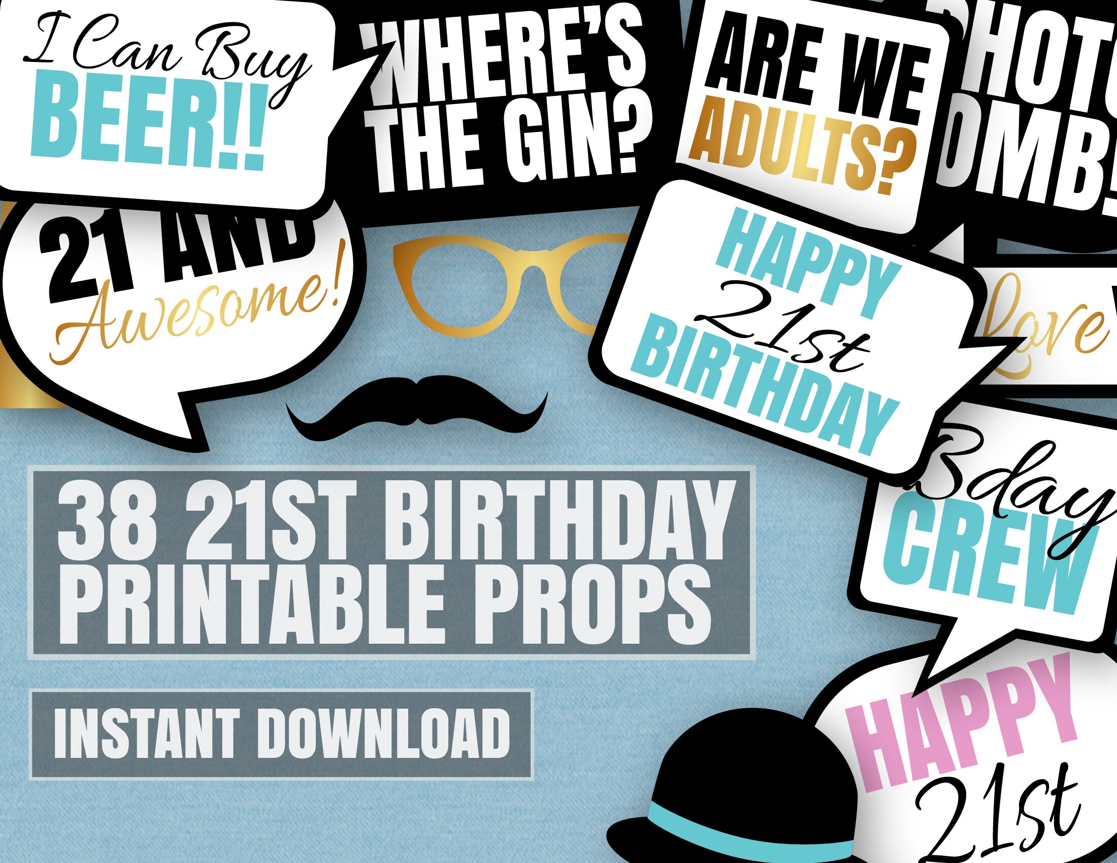 38 Printable 21st Birthday Props, Twenty First Photo Booth Props ...