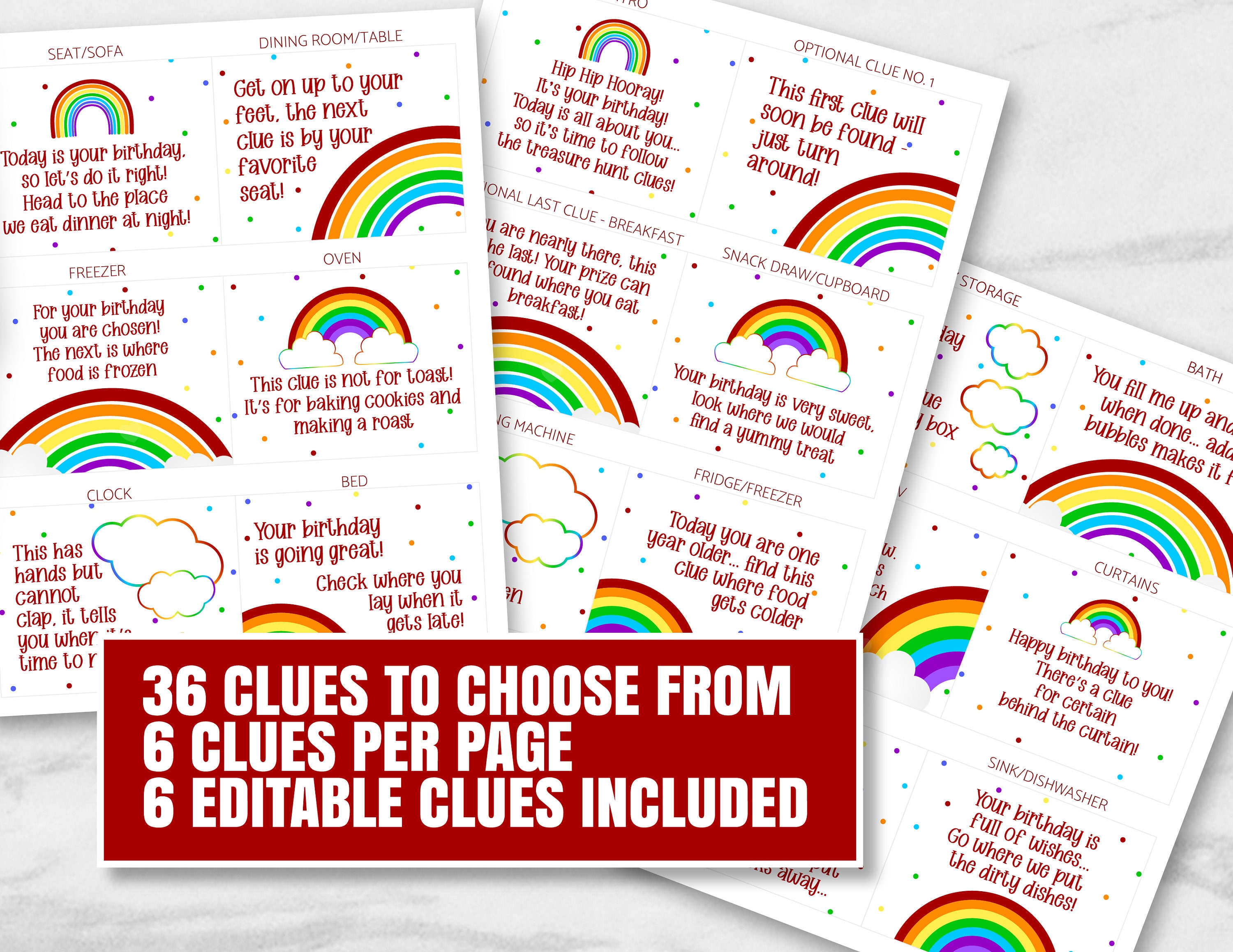 Treasure Hunt Clues, Printable Birthday Rainbow Themed Scavenger Hunt ...